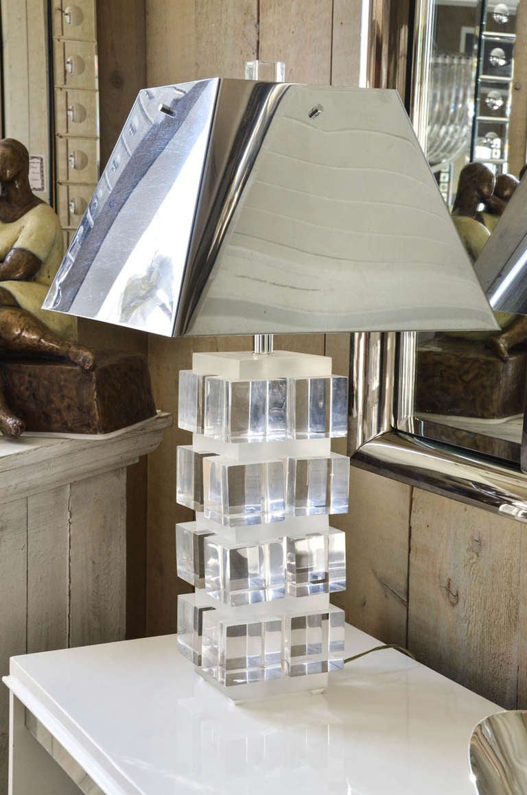 Fabulous Pair of Lucite Stack Lamps with Silvered Metal Shades at 1stDibs