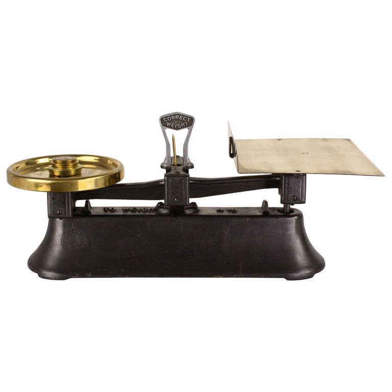 Antique English "Correct Weight" Scale, Brass Pans and Weights at 1stDibs
