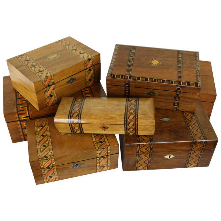 Collection of Seven Multiwood Inlaid Wooden Boxes at 1stDibs
