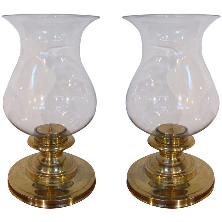 Pair of Brass and Glass Hurricane Lamps by Chapman at 1stDibs