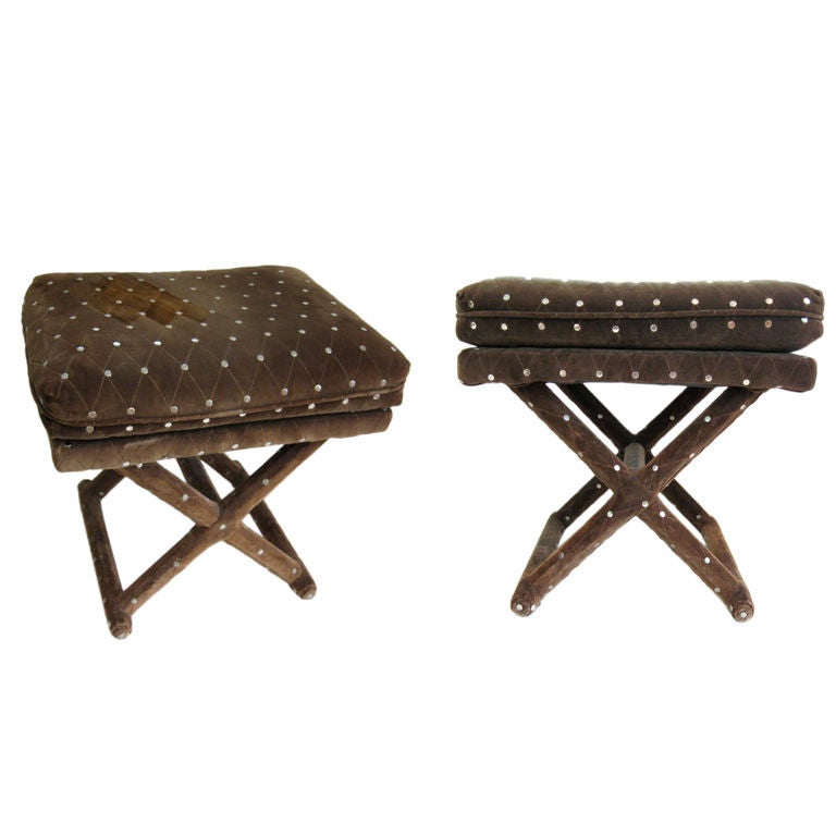 PAIR OF UPHOLSTERED X FORM BENCHES / STOOLS at 1stDibs