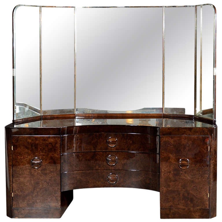 Glamorous Art Deco Vanity in Bookmatched Walnut with Wrap Around ...