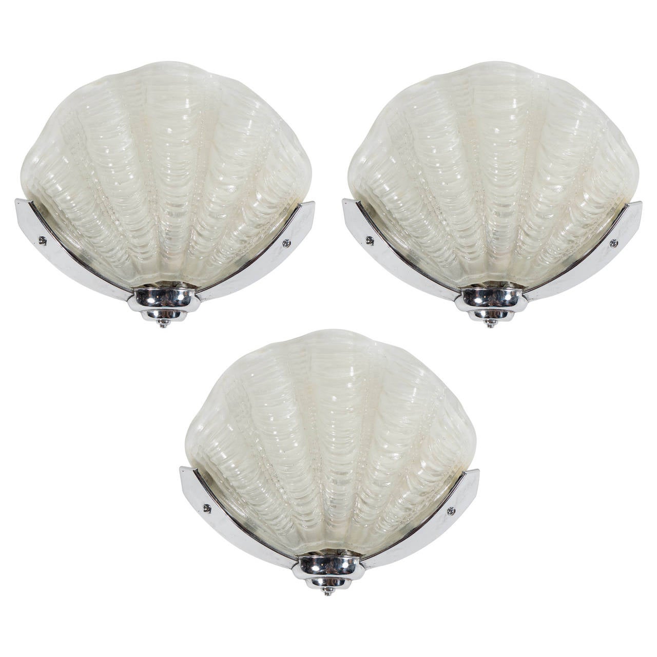 Set of Three Art Deco Murano Glass Stylized Shell Sconces with Chrome ...