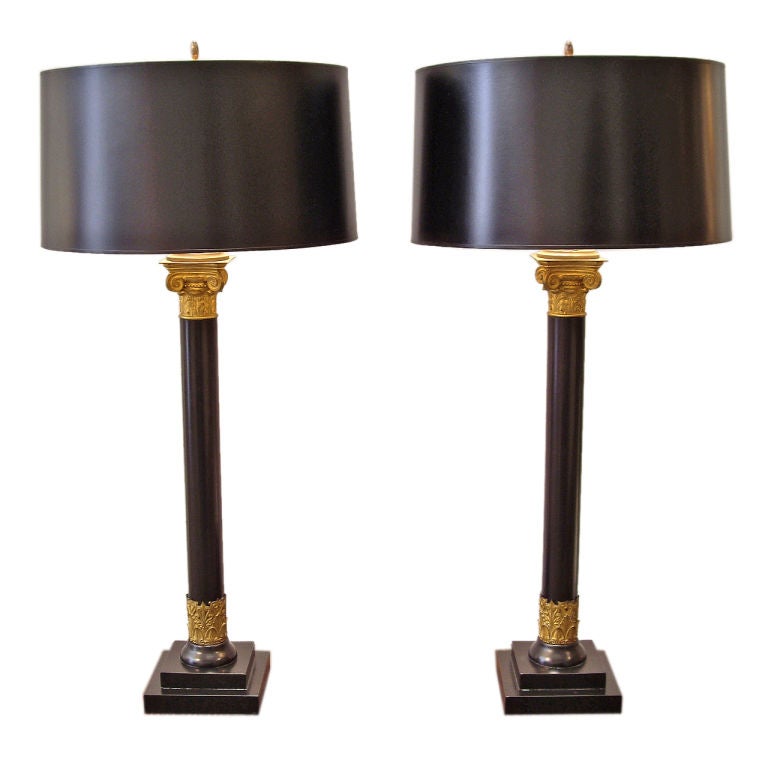 Pair of Column Lamps with Custom Shades at 1stDibs
