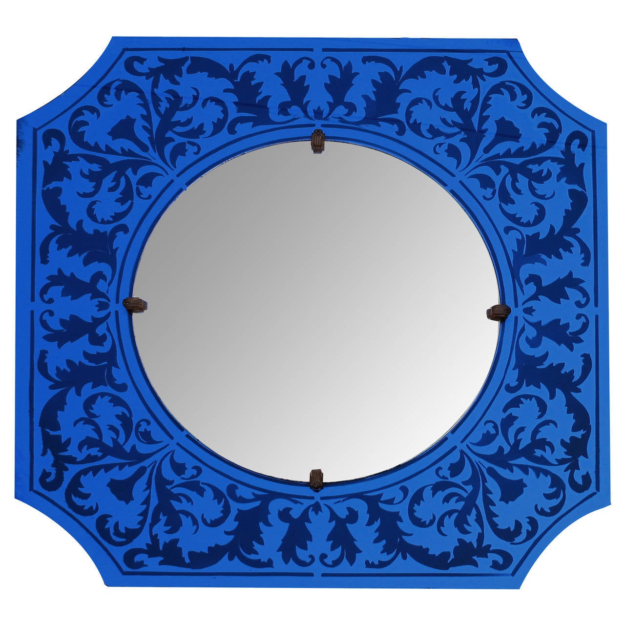 Stylish American Art Deco Bull's Eye Mirror with Etched Cobalt Blue ...