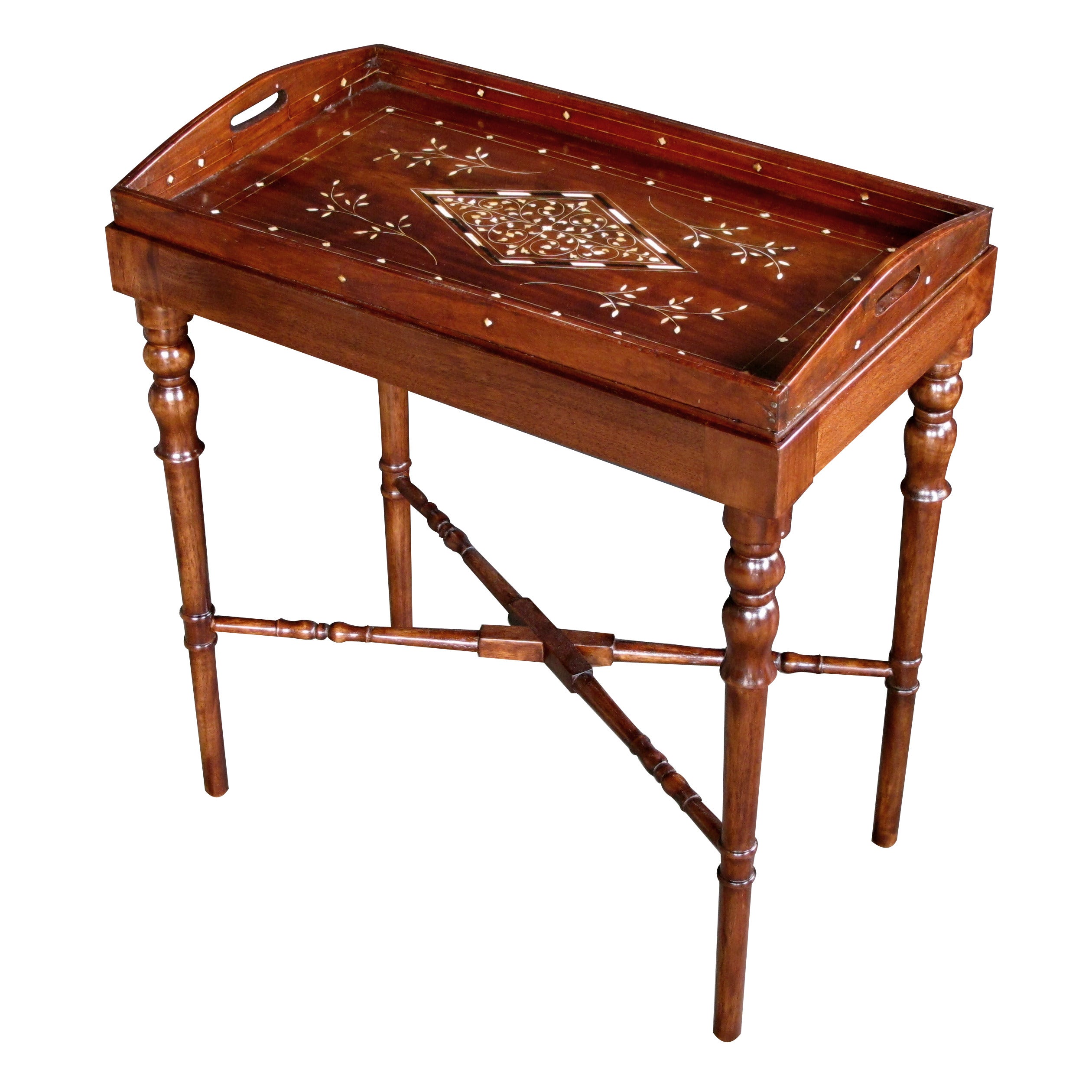 A Handsome Anglo-Indian Bone and Ebony Inlaid Rectangular Tray on Stand ...