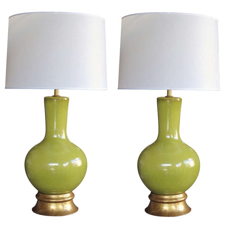 A Stylish Pair of American Mid-Century Apple-Green Glazed Pottery Lamps ...