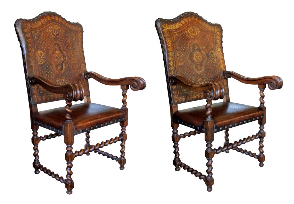 Pr. Baronial Spanish Baroque Style Armchairs w/Embossed Leather at 1stDibs