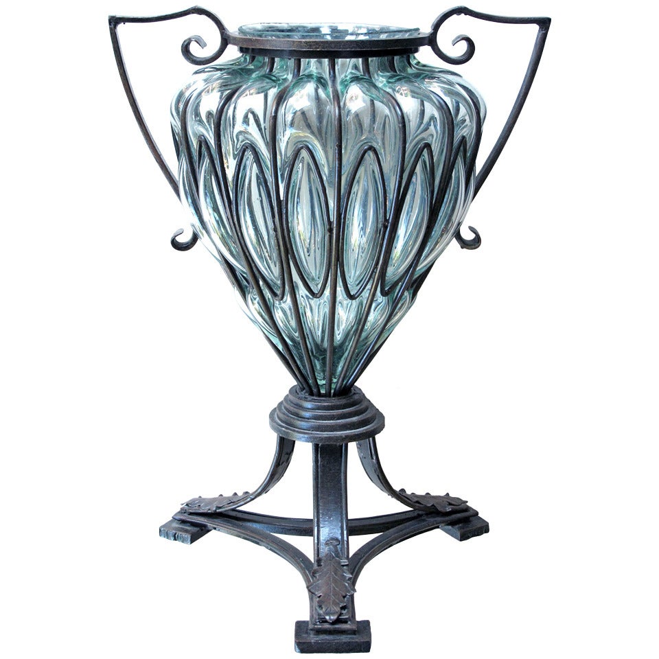A Large Murano Aquamarine Blown Glass Urn in Wrought Iron Frame at 1stDibs