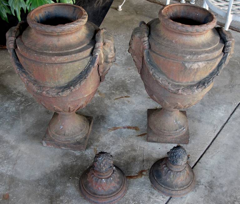 Large-Scaled Pair of English Neoclassical Style Covered Iron Bulb Urns ...