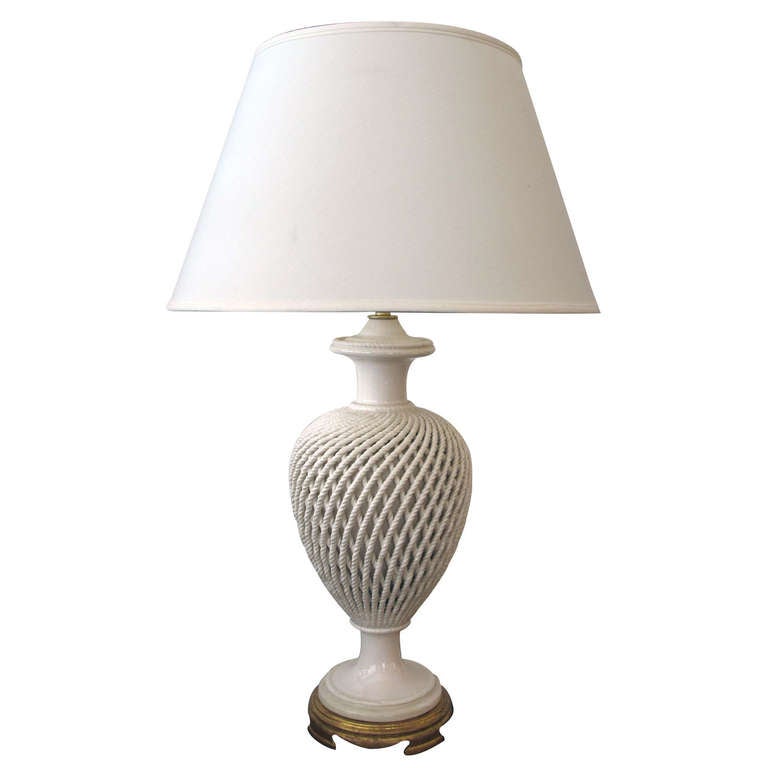 Elegant English Creamware Lattice-Work Porcelain Lamp at 1stDibs