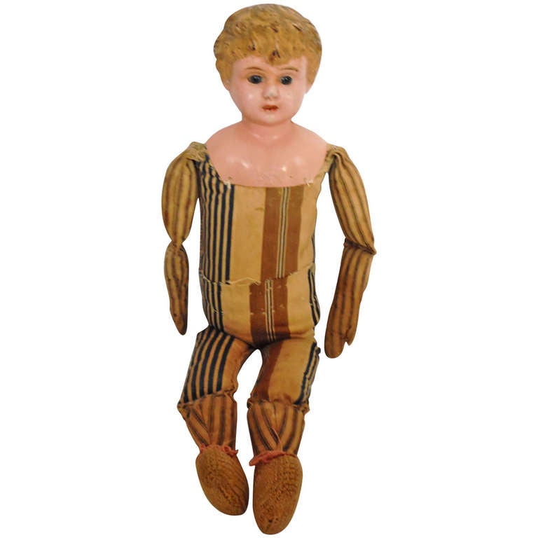 Folk Art Ticking Body Signed Minerva Doll, Germany at 1stDibs