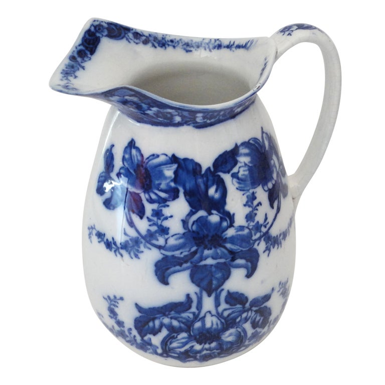 Amazing 19th Century Large Floral Flow Blue Water Pitcher at 1stDibs
