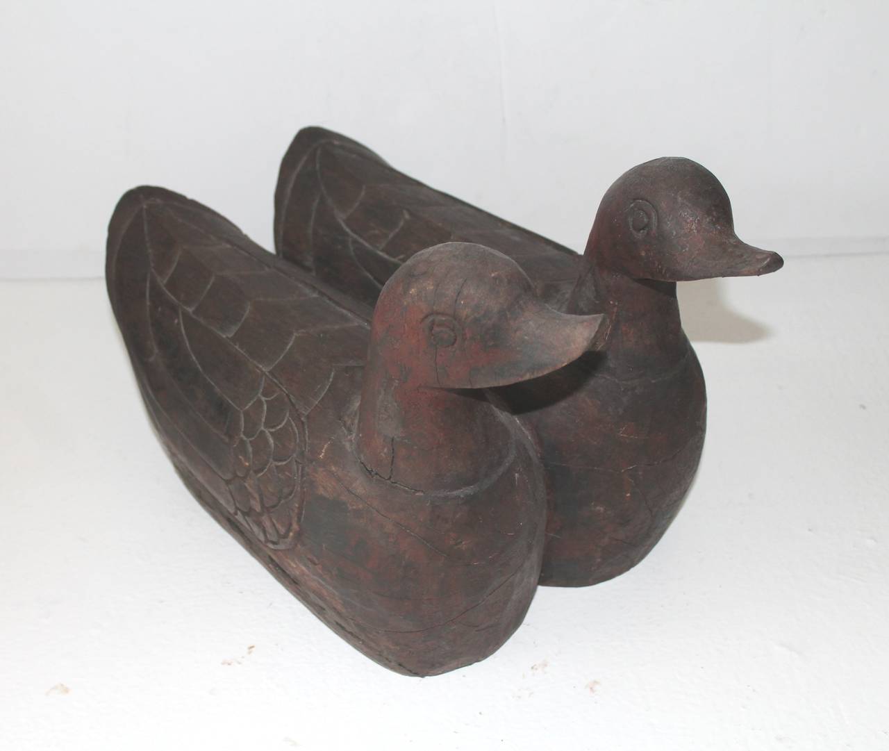 Pair of Hand-Carved Wood Folk Art Ducks at 1stDibs