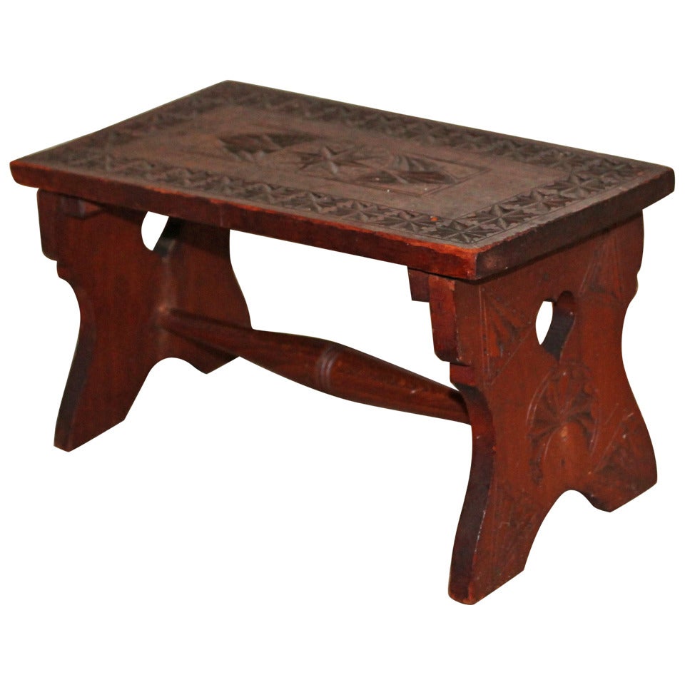 19th Century Hand Carved Walnut Folk Art Stool with Heart Cut Outs at ...