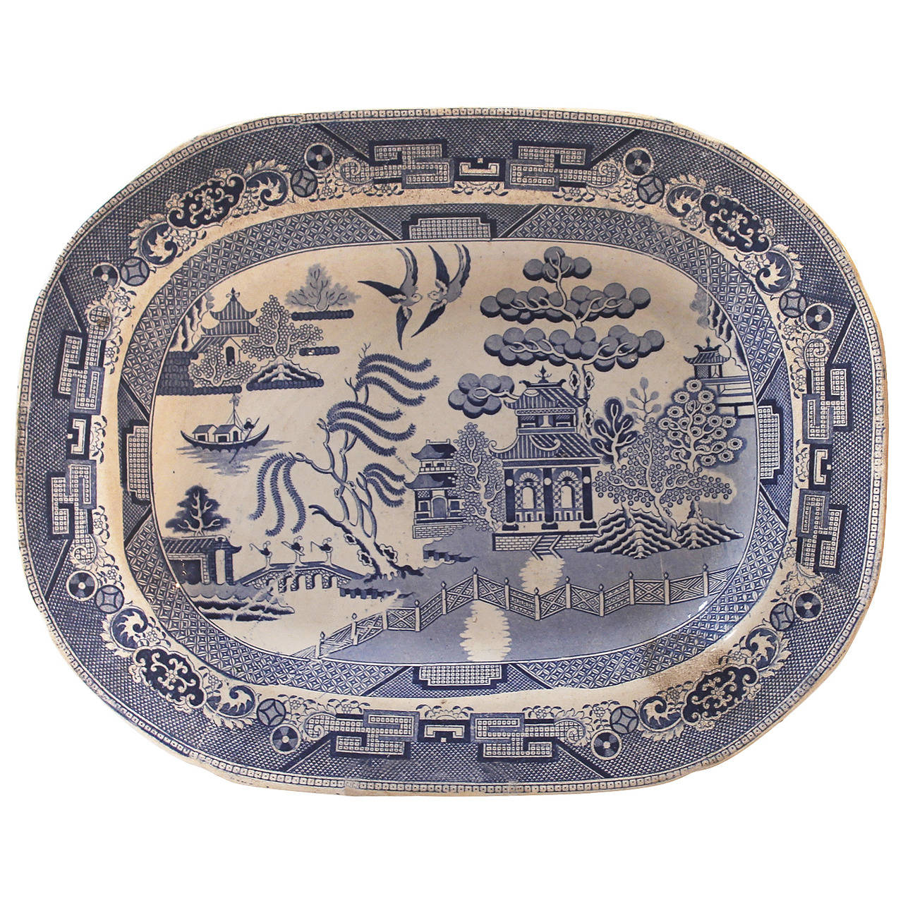 Large 19th Century English Blue Willow Ironstone Meat Platter with ...