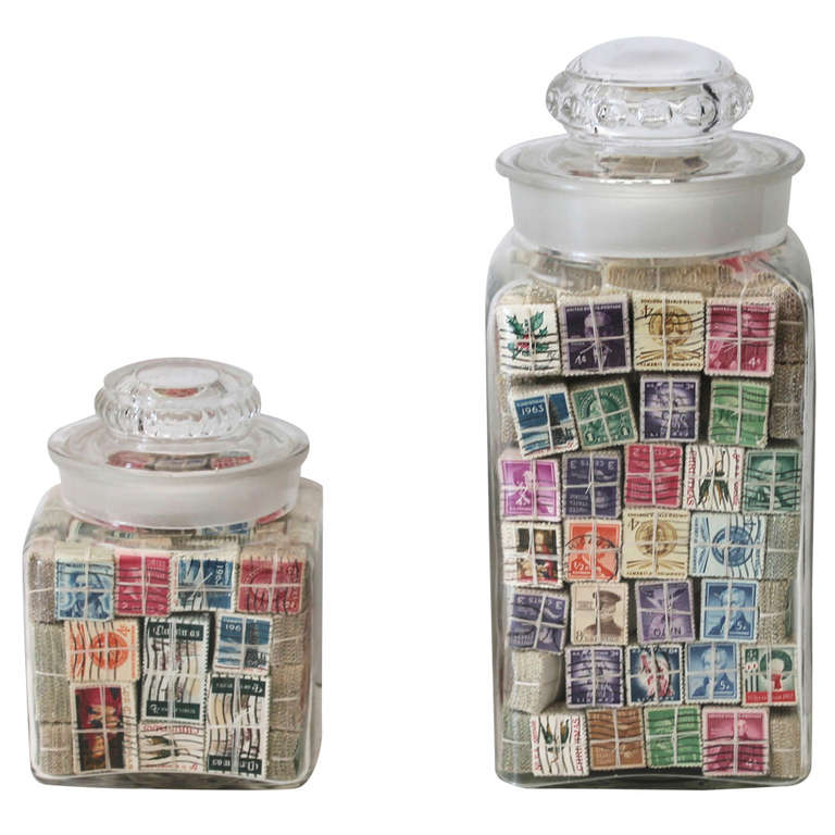 Vintage Postage Stamp Collection in Cut Glass Soda Fountain Jars at 1stDibs