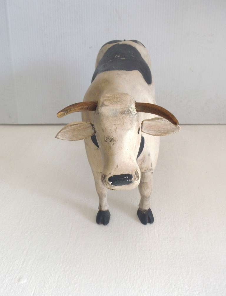 Hand Carved and Painted Folk Cow Wood Carving at 1stDibs | cow carving ...