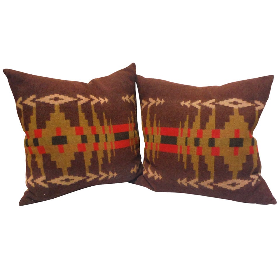 Early Wool Pendleton Indian Design Camp Blanket Pillows,Pair at 1stDibs