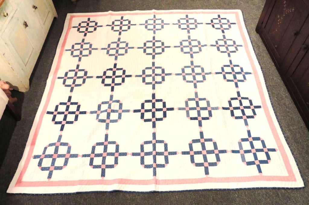 19thc Blue and White W/ Pink Calico Prints Geometric Quilt at 1stDibs