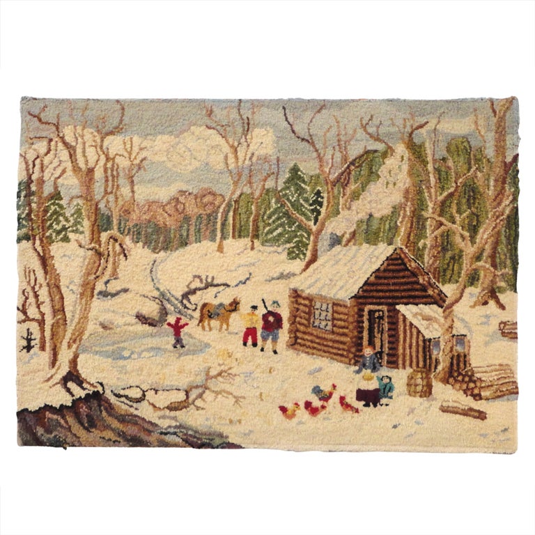 1930's Folky New England Log Cabin Snow Scene Mounted Hooked Rug at 1stDibs