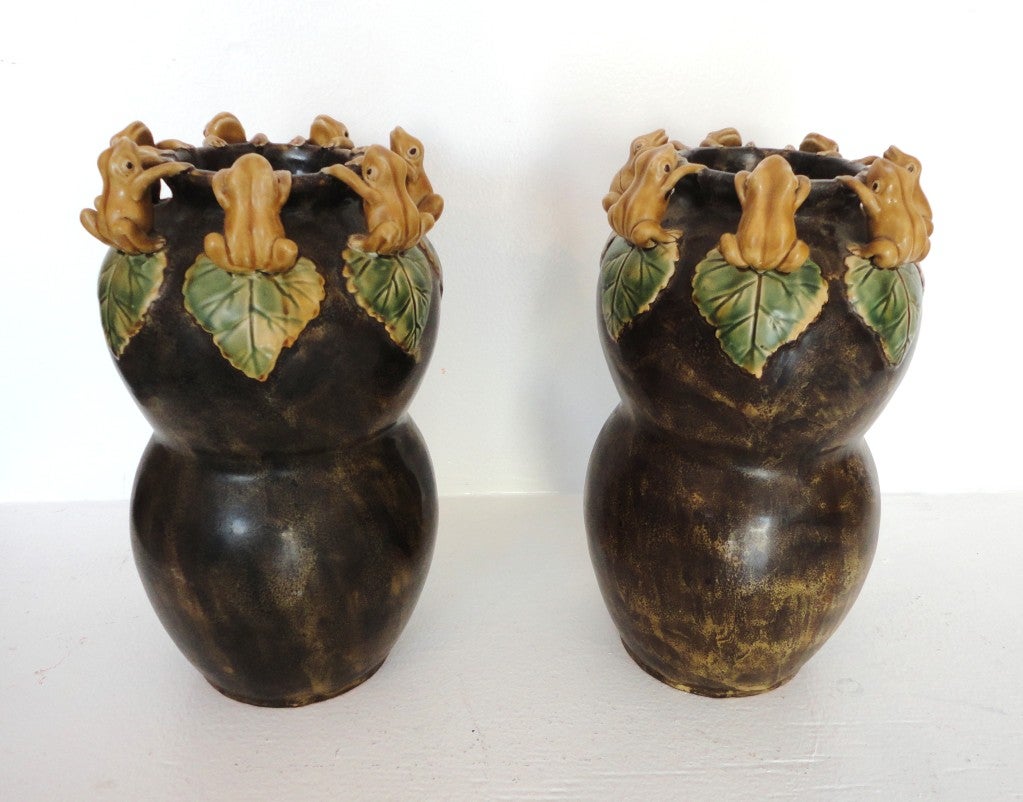Pair of Rare Arts and Crafts Pottery Vases With Frogs at 1stDibs ...
