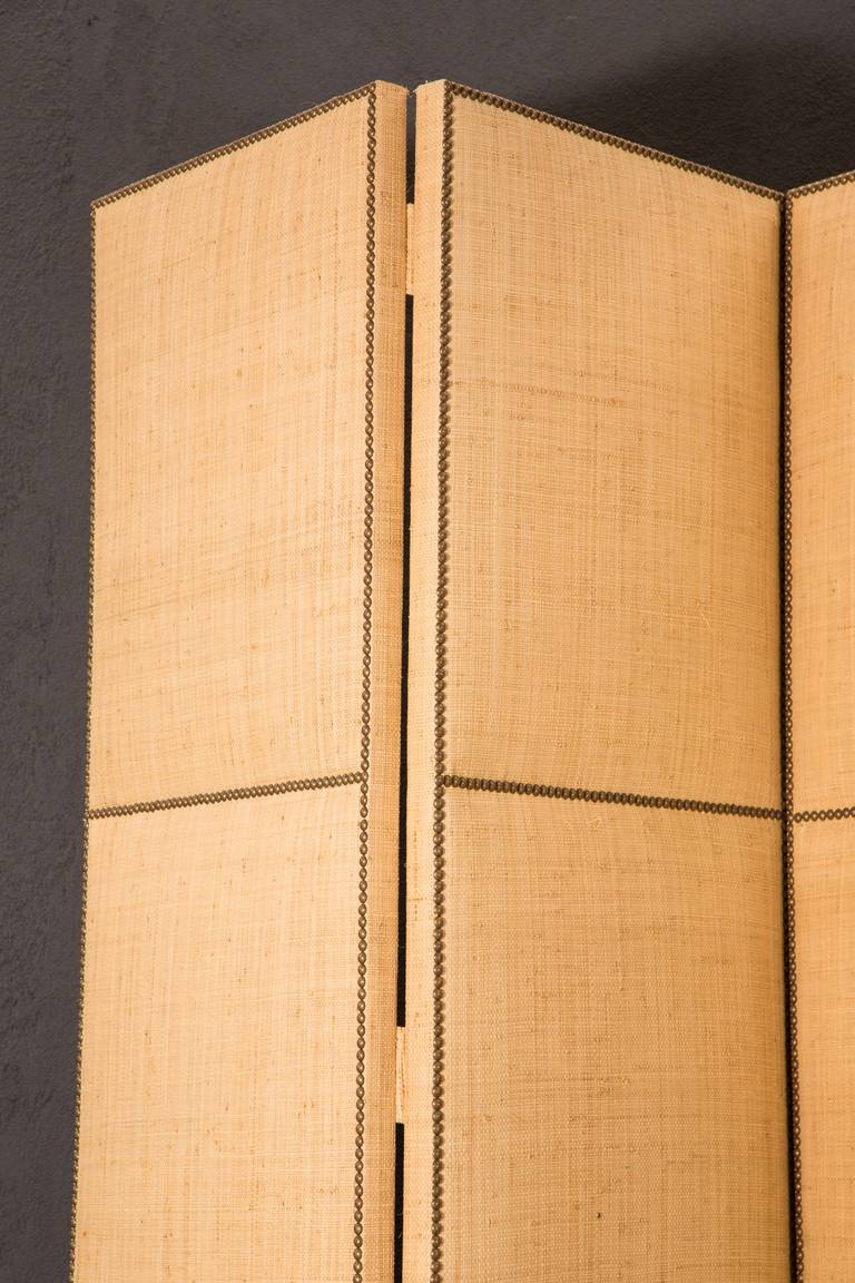 Stately Upholstered Six-Panel Raffia Screen with Nailhead Detail at 1stDibs