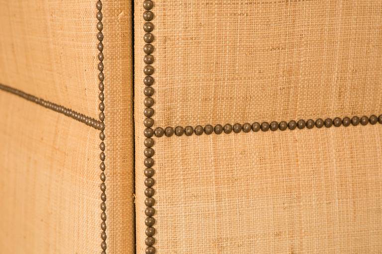 Stately Upholstered Six-Panel Raffia Screen with Nailhead Detail at 1stDibs