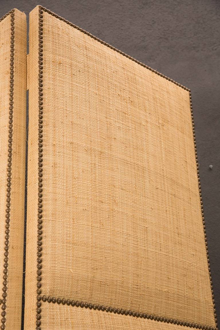 Stately Upholstered Six-Panel Raffia Screen with Nailhead Detail at 1stDibs