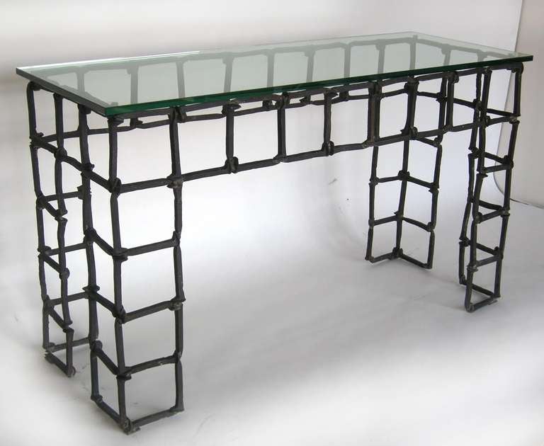 Dos Gallos Vintage Rail Road Spike Console with Glass Top For Sale at ...