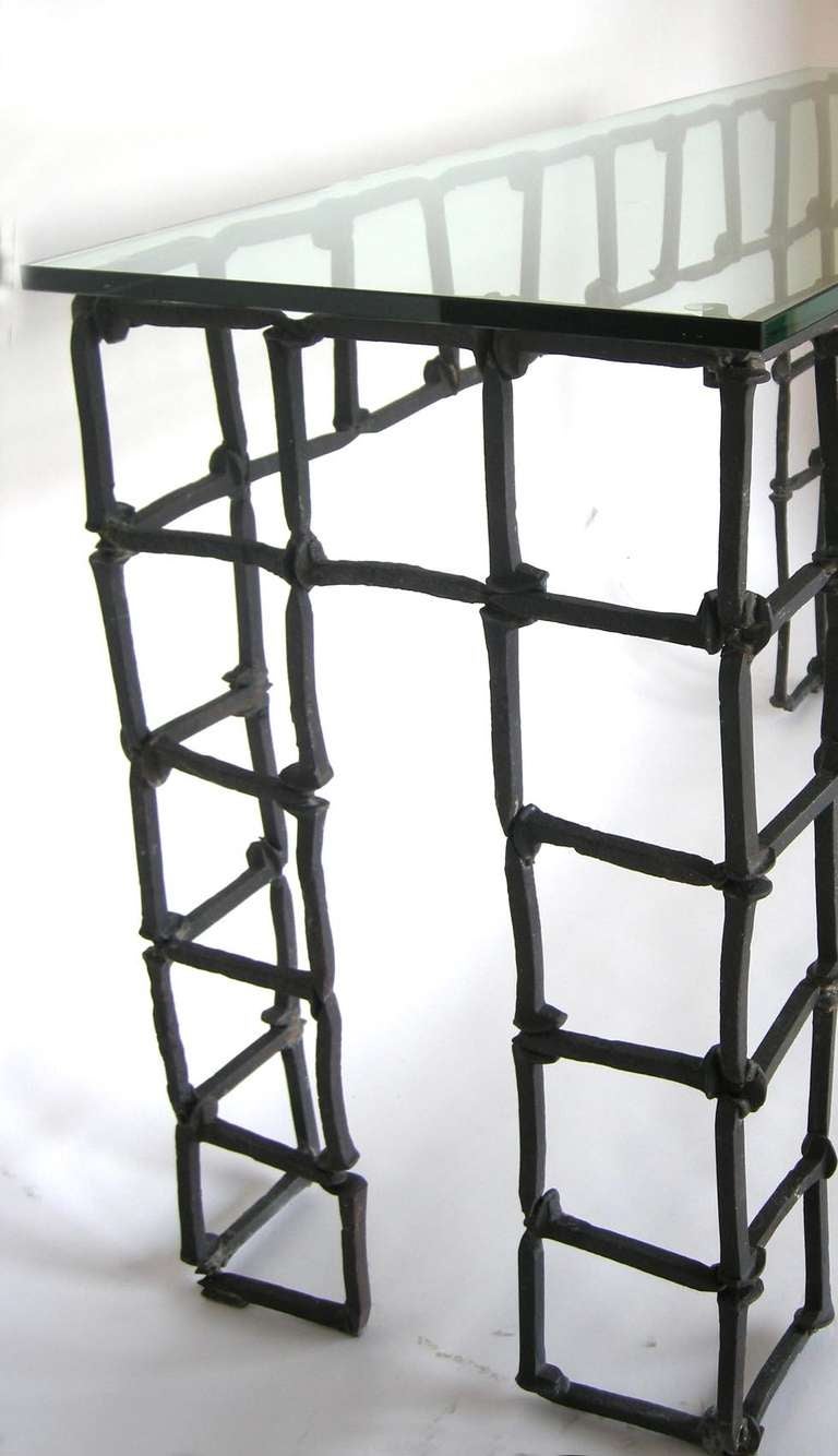 Dos Gallos Vintage Rail Road Spike Console with Glass Top For Sale at ...