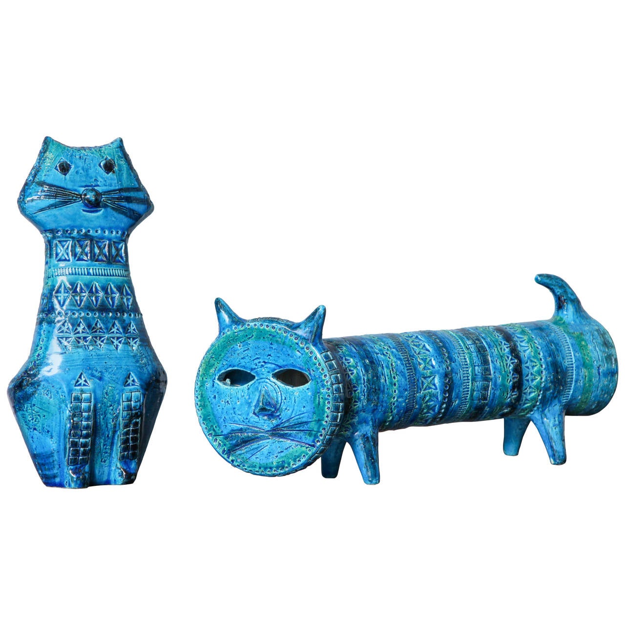 Two Blue Glazed Bitossi Ceramic Cats For Sale at 1stdibs