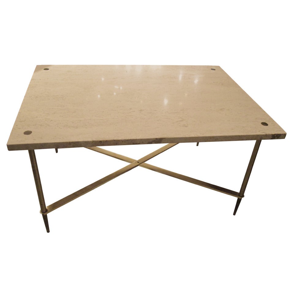 Travertine Top Cocktail Table on Brass Base at 1stDibs