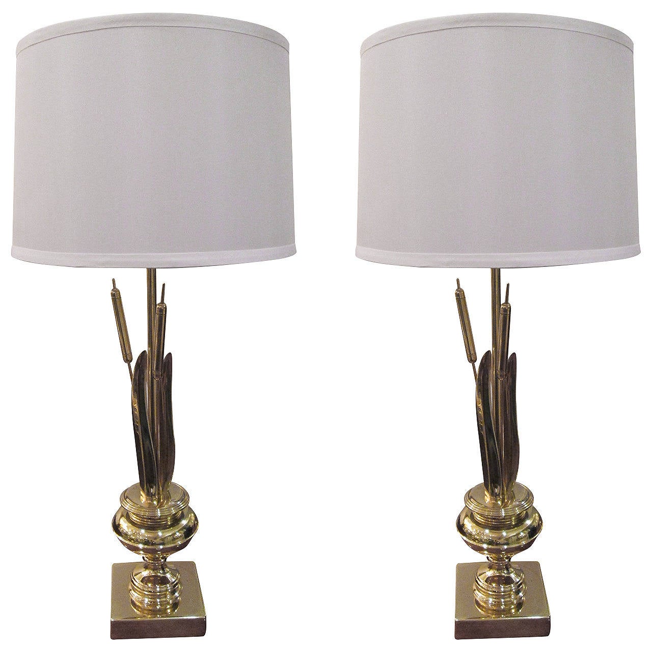 Pair of Vintage Brass Cattail Table Lamps Attributed to Maison Charles ...