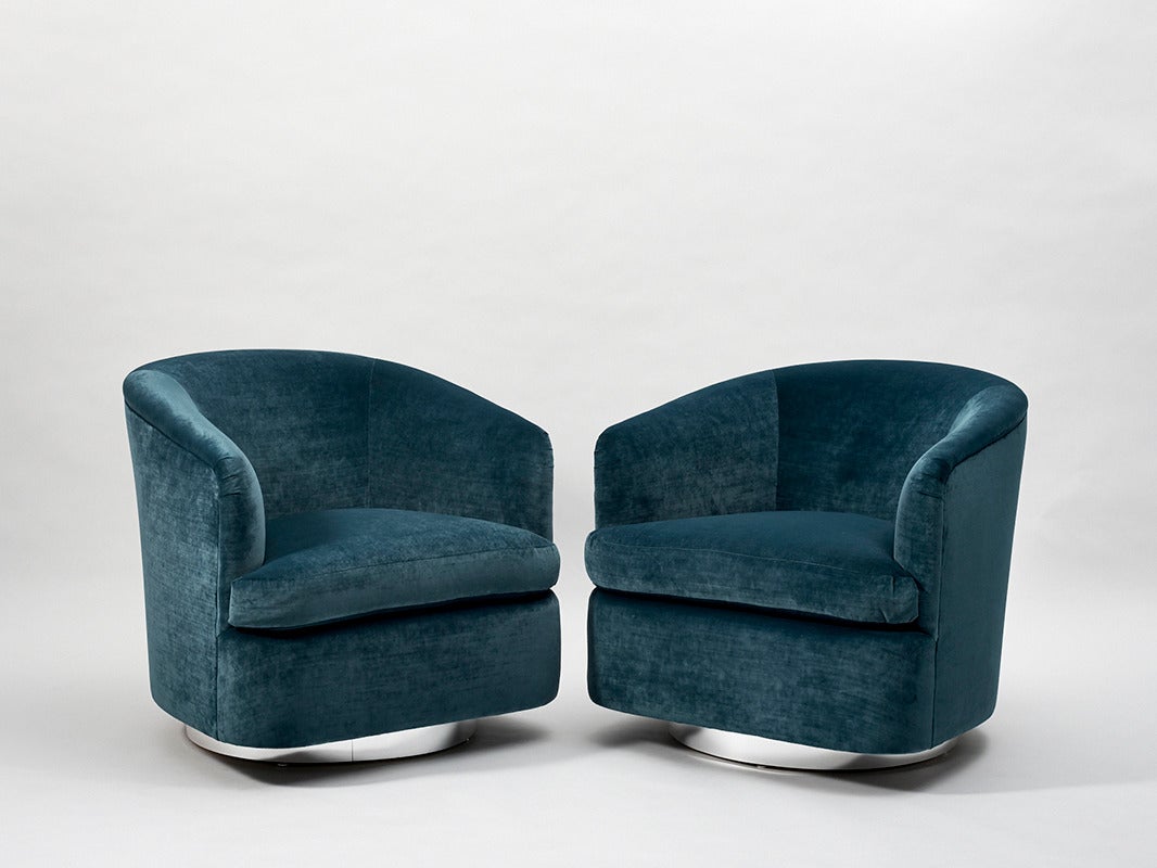 Milo Baughman, Pair of Swivel Velvet Chairs, USA, circa 1970s at 1stDibs