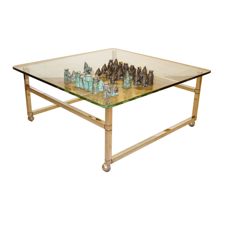 A Modern Chrome and Glass Games Table with Bronze Chess Set at 1stDibs