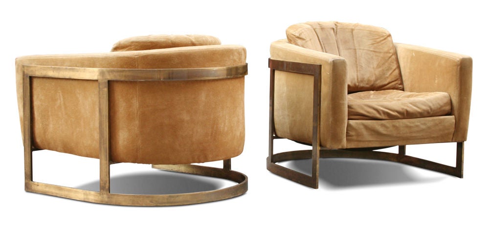 Pair of Bronze Frame Upholstered Barrel Lounge Chairs For Sale at 1stDibs