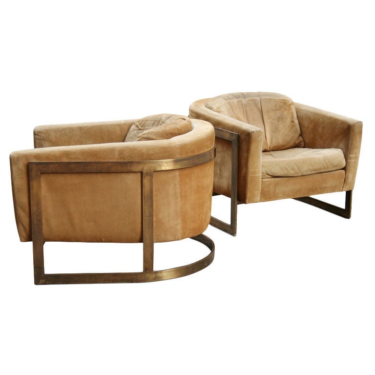 Pair of Bronze Frame Upholstered Barrel Lounge Chairs For Sale at 1stDibs