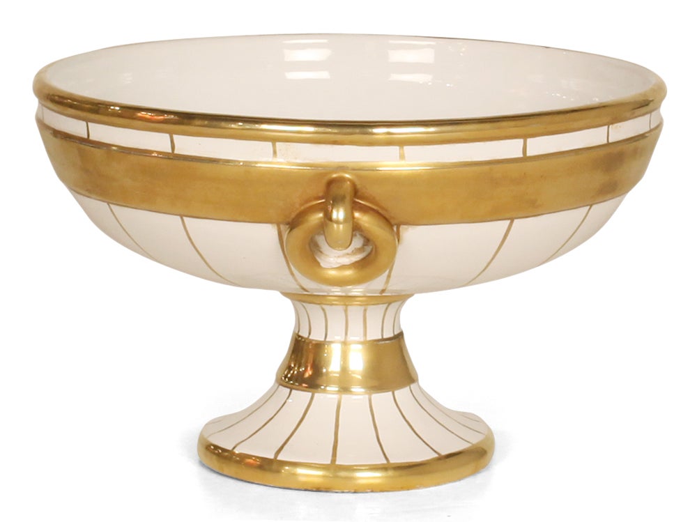 Italian Elegant Gilt and White Glaze Ceramic Compote by Ugo Zaccagnini ...