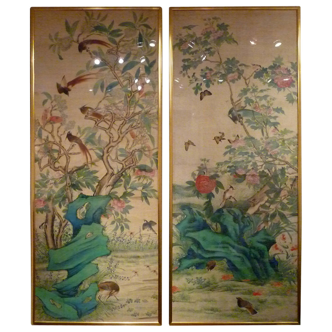 Pair of Fine Brush Painting, Anglo-Chinese School of Birds and Flowers ...