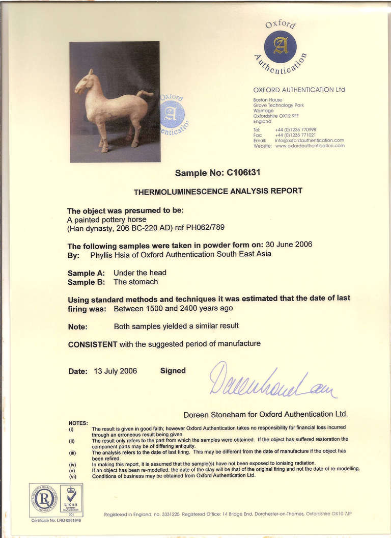 Han Dynasty Statue Of Standing Horse, TL Test Certificate at 1stDibs