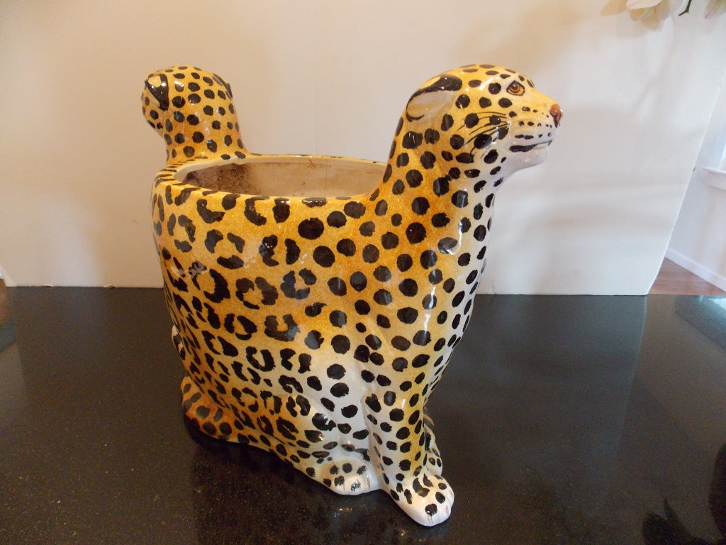 A Rare Double Leopard Hand Painted Ceramic Planter at 1stDibs
