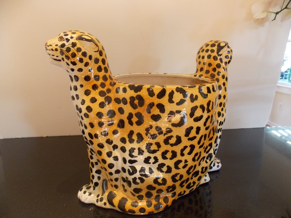 A Rare Double Leopard Hand Painted Ceramic Planter at 1stDibs