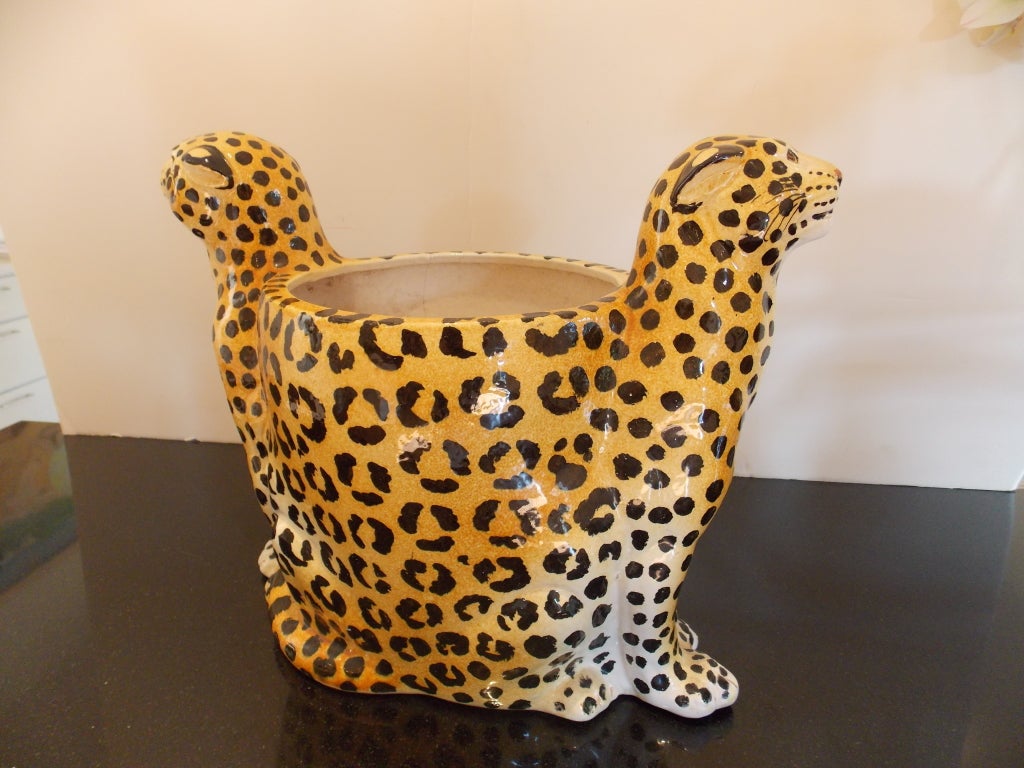 A Rare Double Leopard Hand Painted Ceramic Planter at 1stDibs
