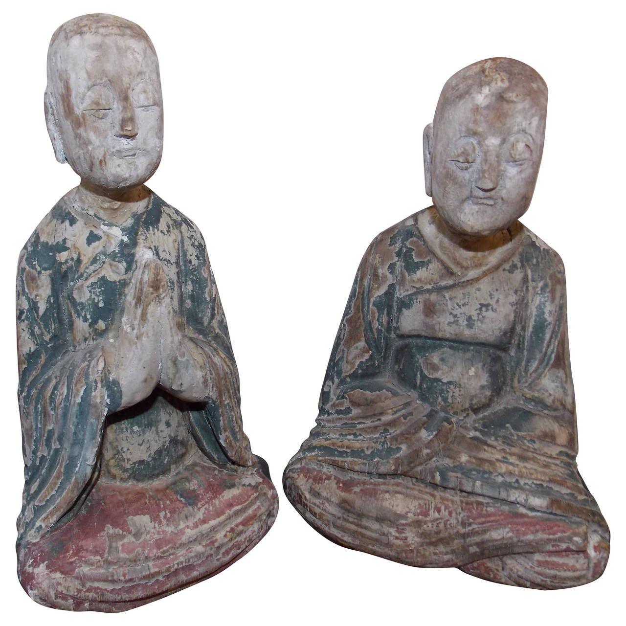 Pair of Wooden Chinese Buddha Figures at 1stDibs