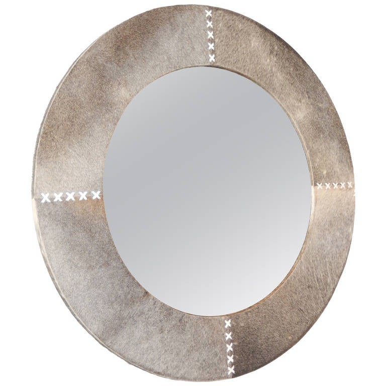 A Large Round Stone Grey Cow Hide Mirror at 1stDibs