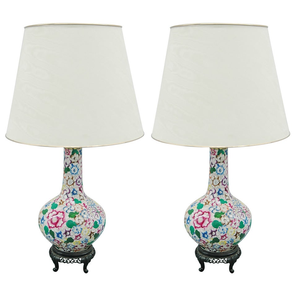Pair of Chinese Floral Decorated Lamps at 1stDibs
