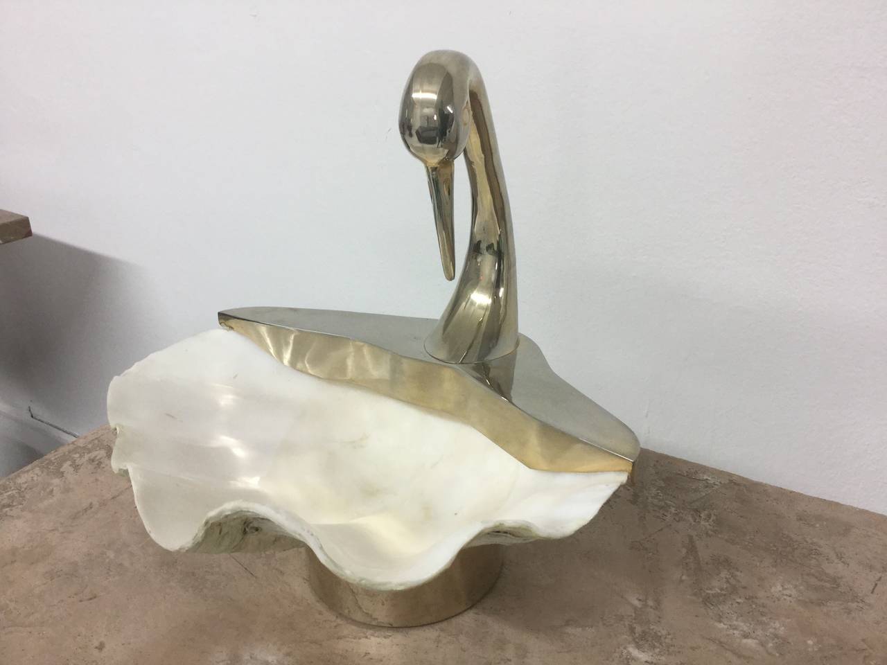 Swan Sculpture with Natural Clam Shell Bowl For Sale at 1stDibs
