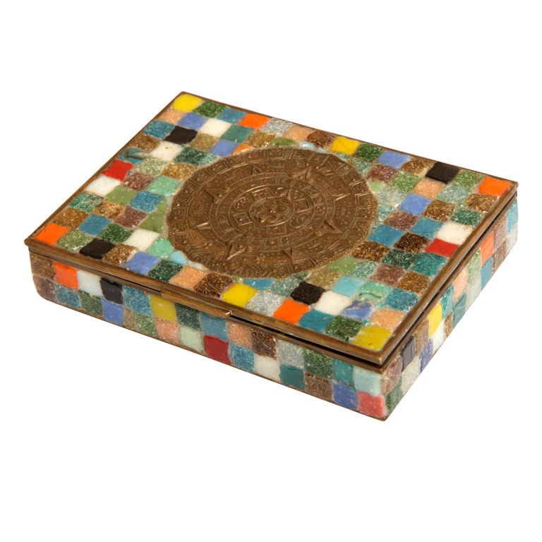 Mexican Pepe Mendoza Rare Glass Tiled and Brass Medallion Box at 1stDibs