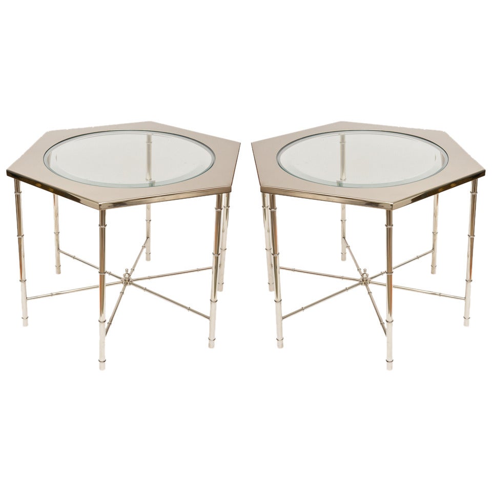 Pair of Mastercraft Nickel Silver Glass Faux Bamboo Octagon Side Tables ...